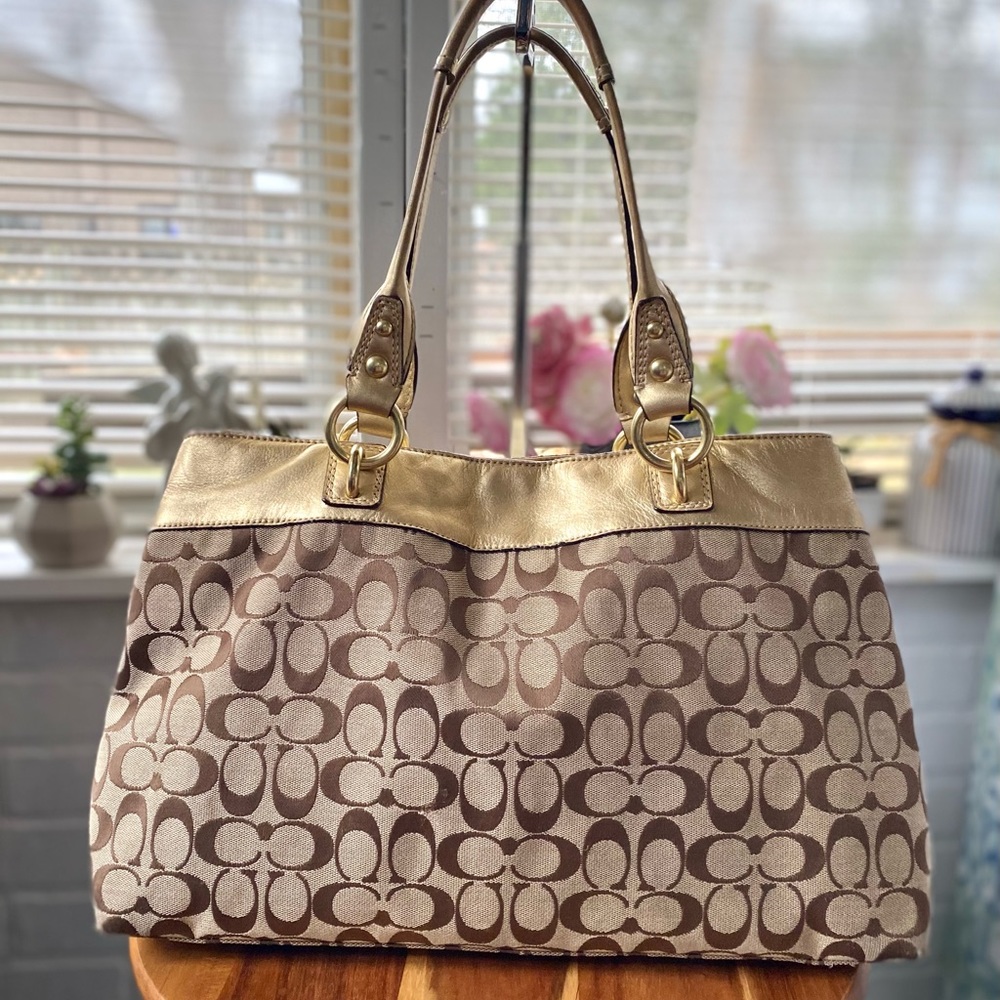 Coach Signature Canvas Gold Leather Bag - Gem